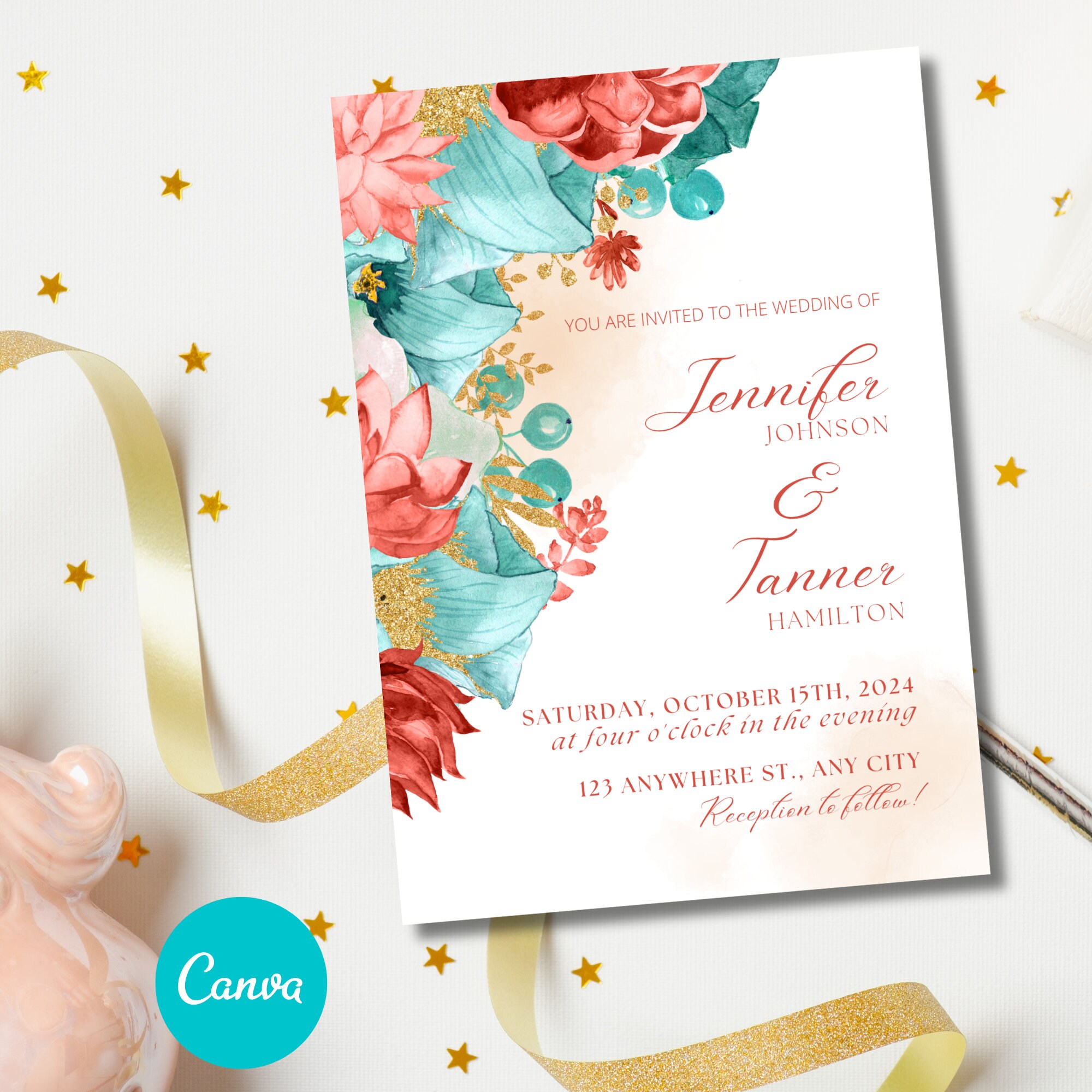Teal and Coral Wedding Invitation Bundle, Editable Wedding Bundle ...