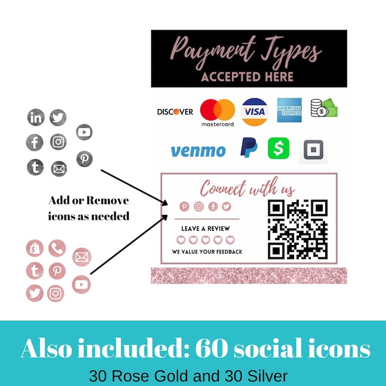 Rose Gold Payment Sign, Editable Canva Template, Business Signage ...