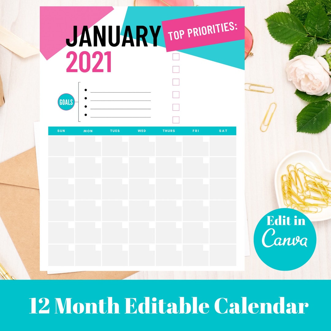 Yearly Calendar, Monthly Calendar,12 Month Calendar, Instant Download ...