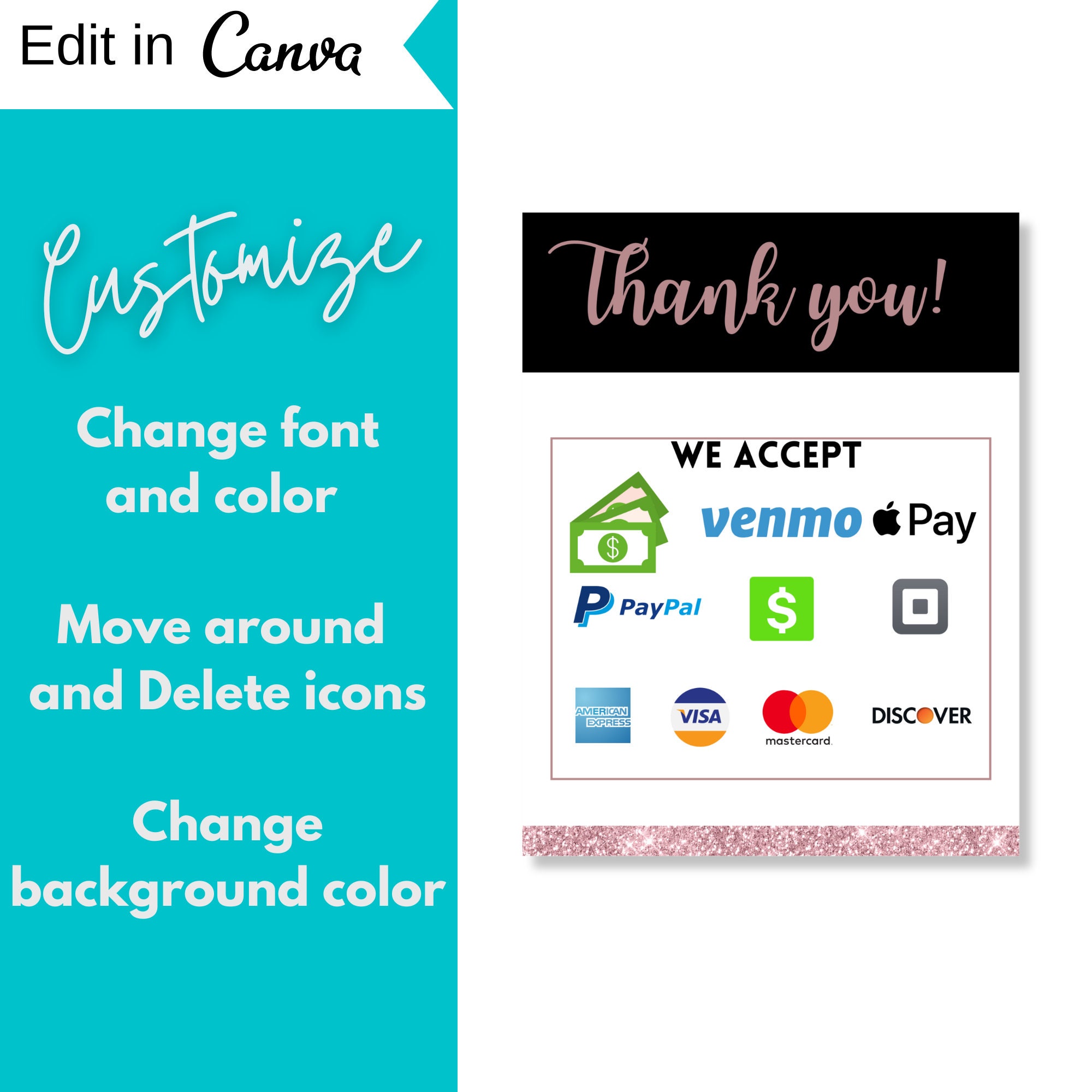 Rose Gold Payment Method Sign: Elegant Business Decor (editable Canva ...