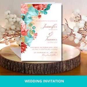 Teal and Coral Wedding Invitation: Editable Canva Template - Etsy