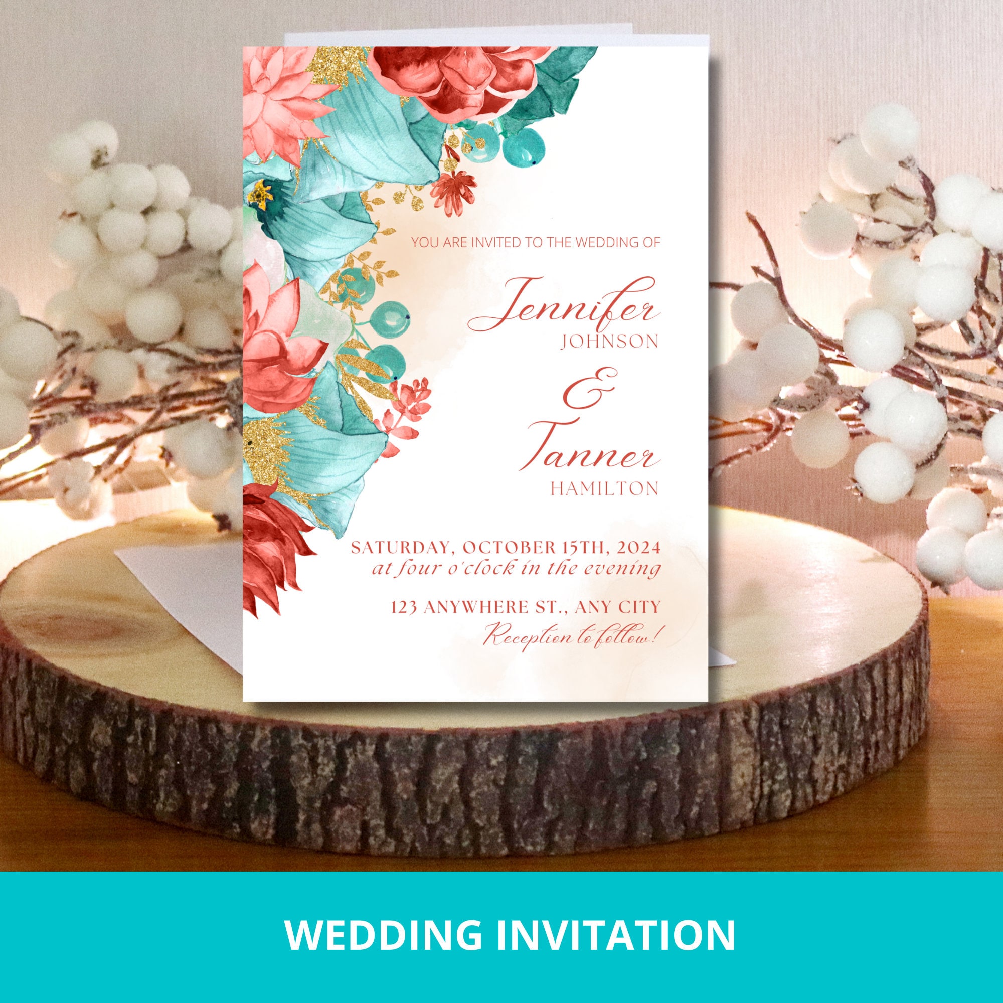 Teal and Coral Wedding Invitation: Editable Canva Template - Etsy