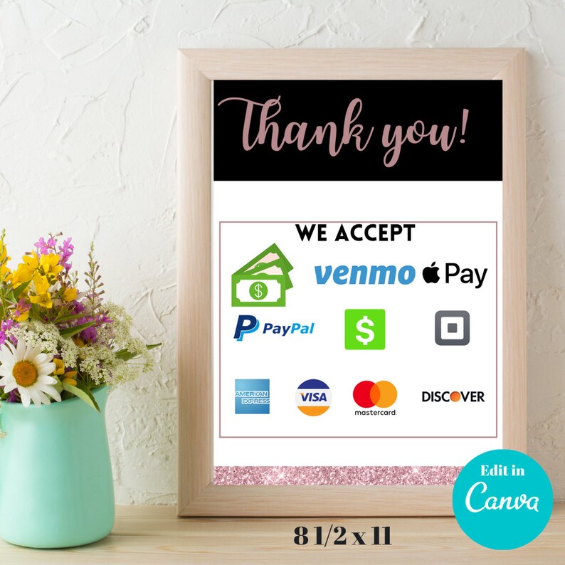 Rose Gold Payment Sign, Editable Canva Template, Business Signage ...