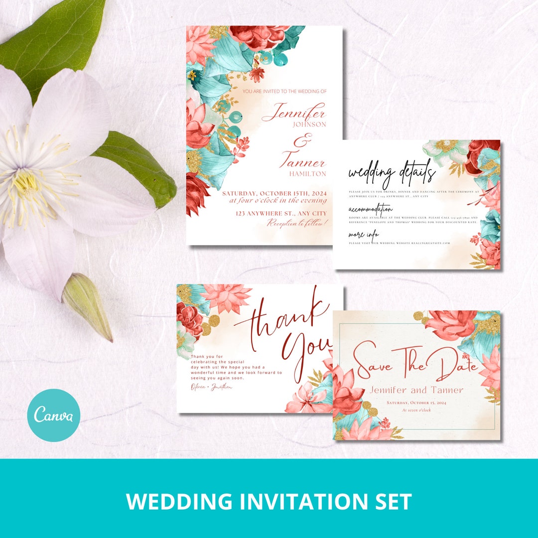 Teal and Coral Wedding Invitation Bundle: Editable Canva Template - Etsy