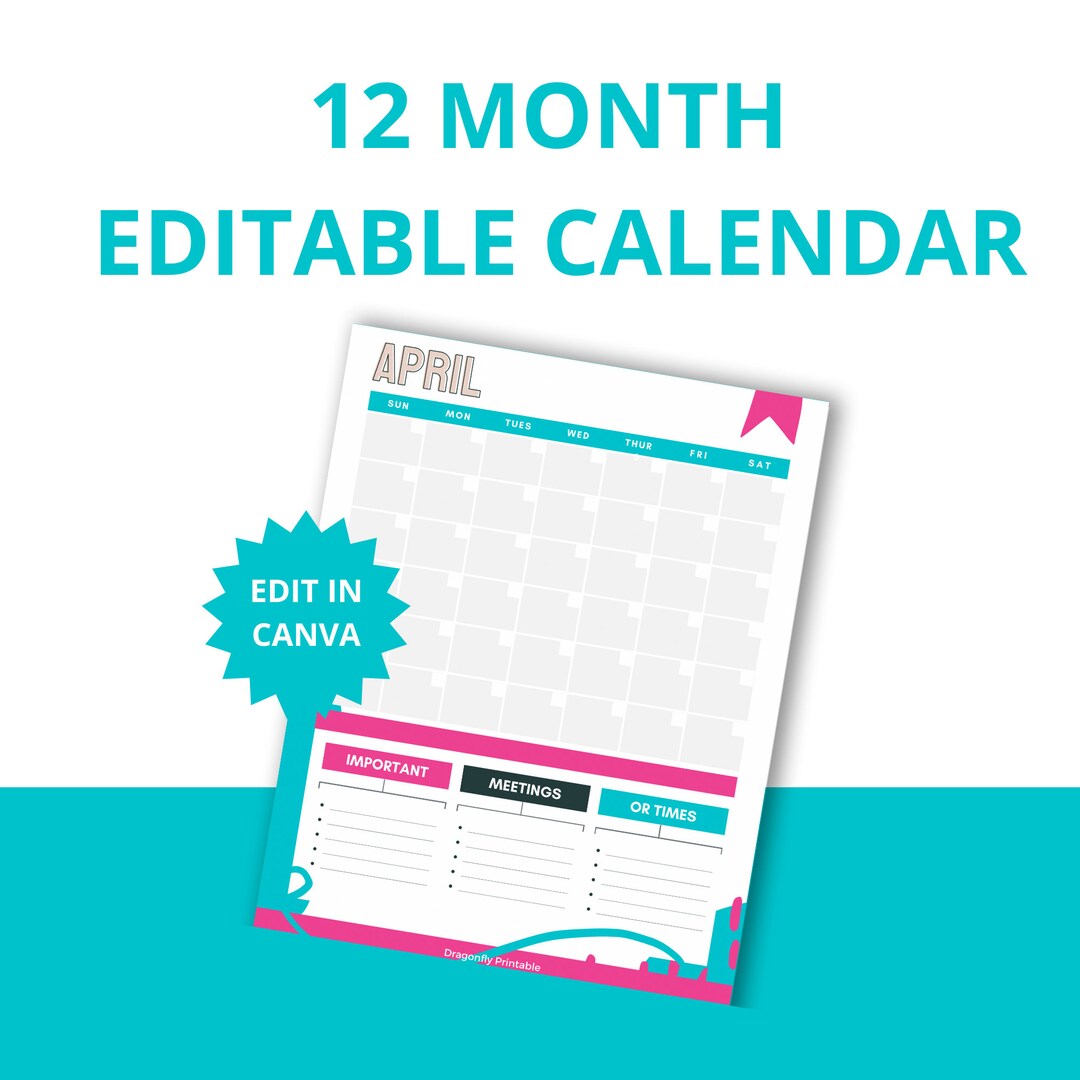 Yearly Calendar Template: Aqua & Pink, Printable Canva Planner (digital ...