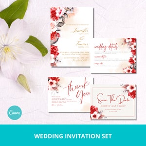 Red Wedding Invitation Bundle, Editable Wedding Stationery, Canva ...