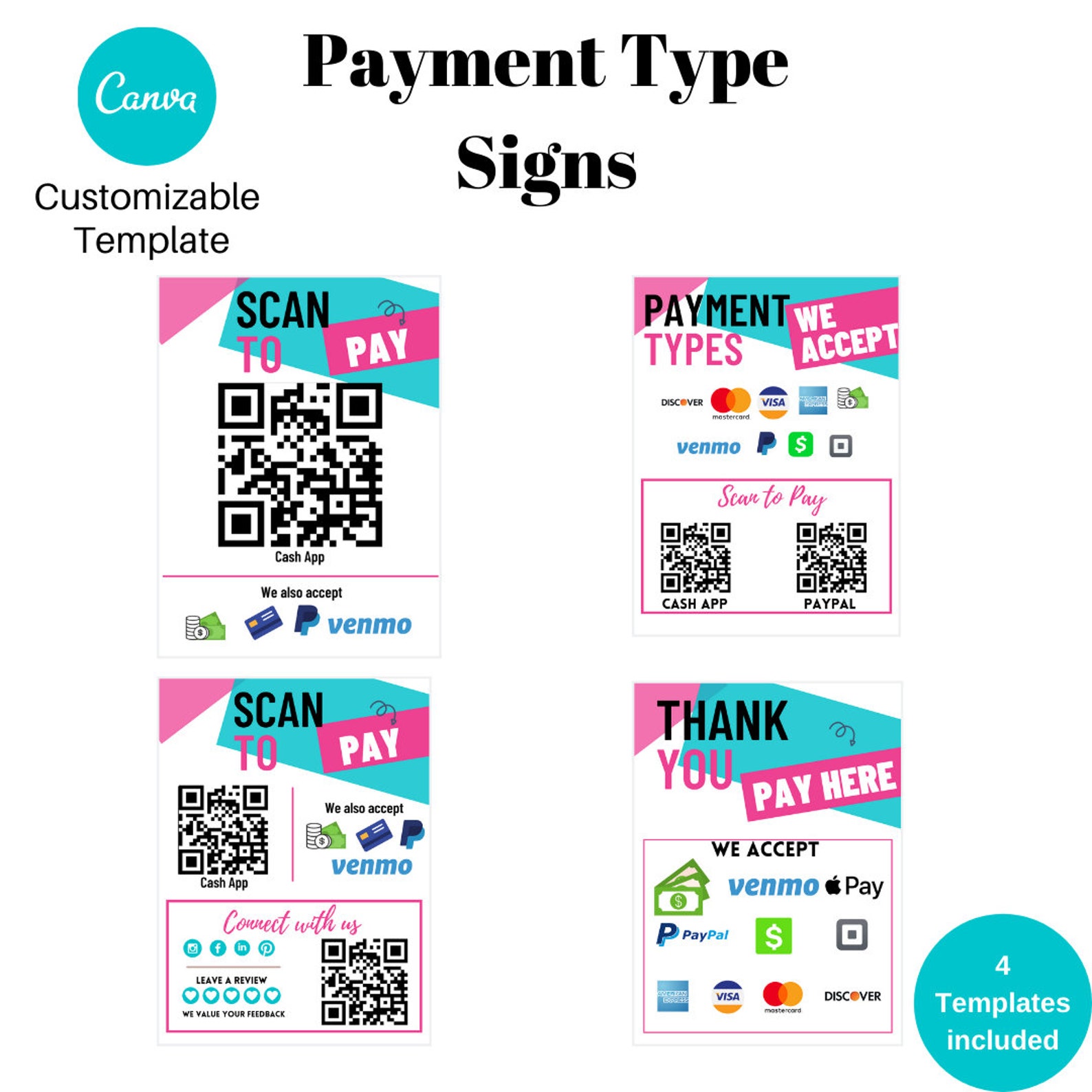 Colorful Payment Type Sign Template: Includes QR Codes (canva Editable ...
