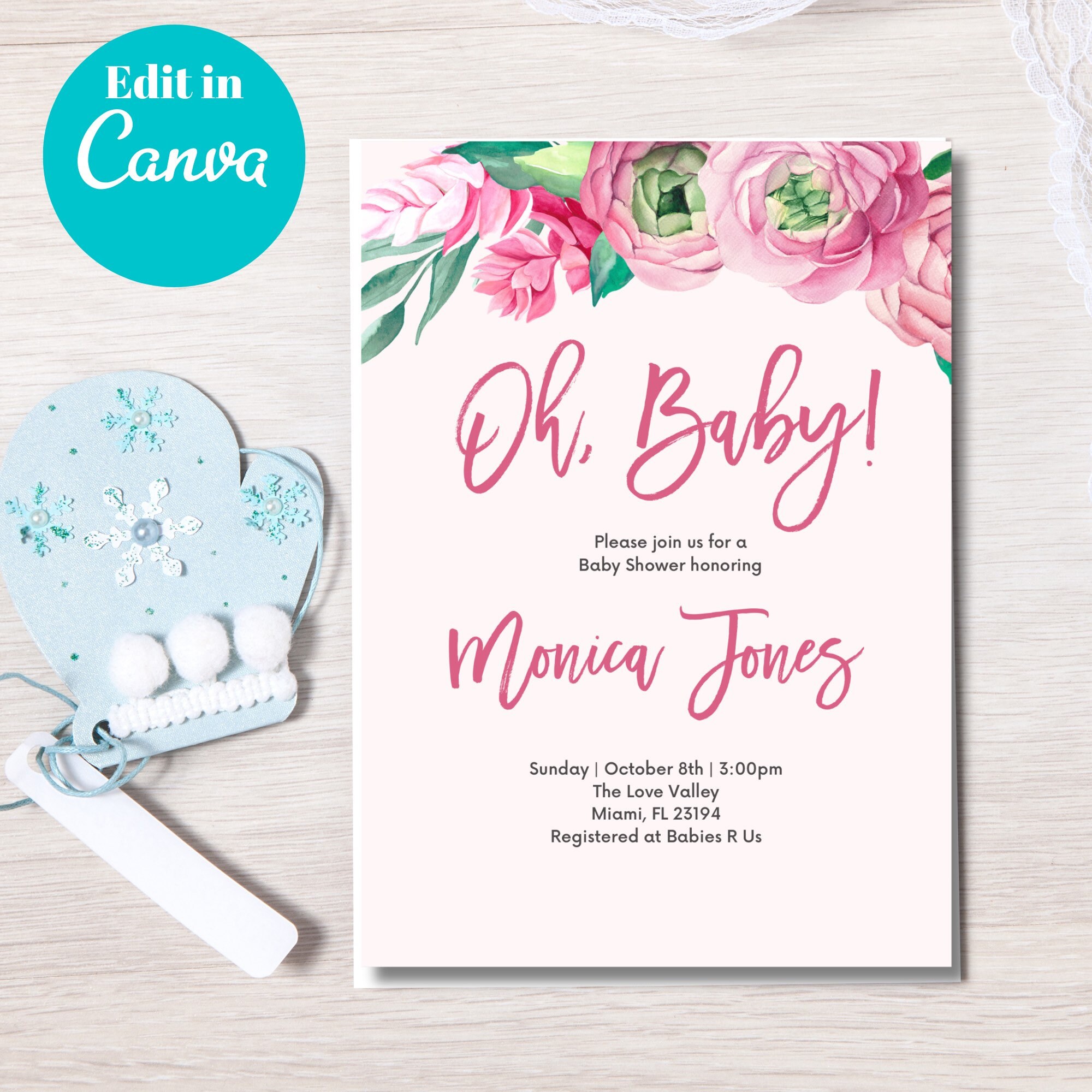 Pink Floral Baby Shower Invitation, Editable Baby Shower Invitation ...