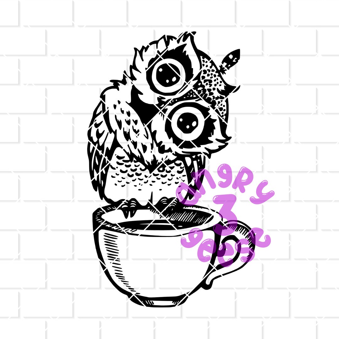 Owl on Teacup Outline Only Digital Download, Dxf, Eps, Svg Cutting ...