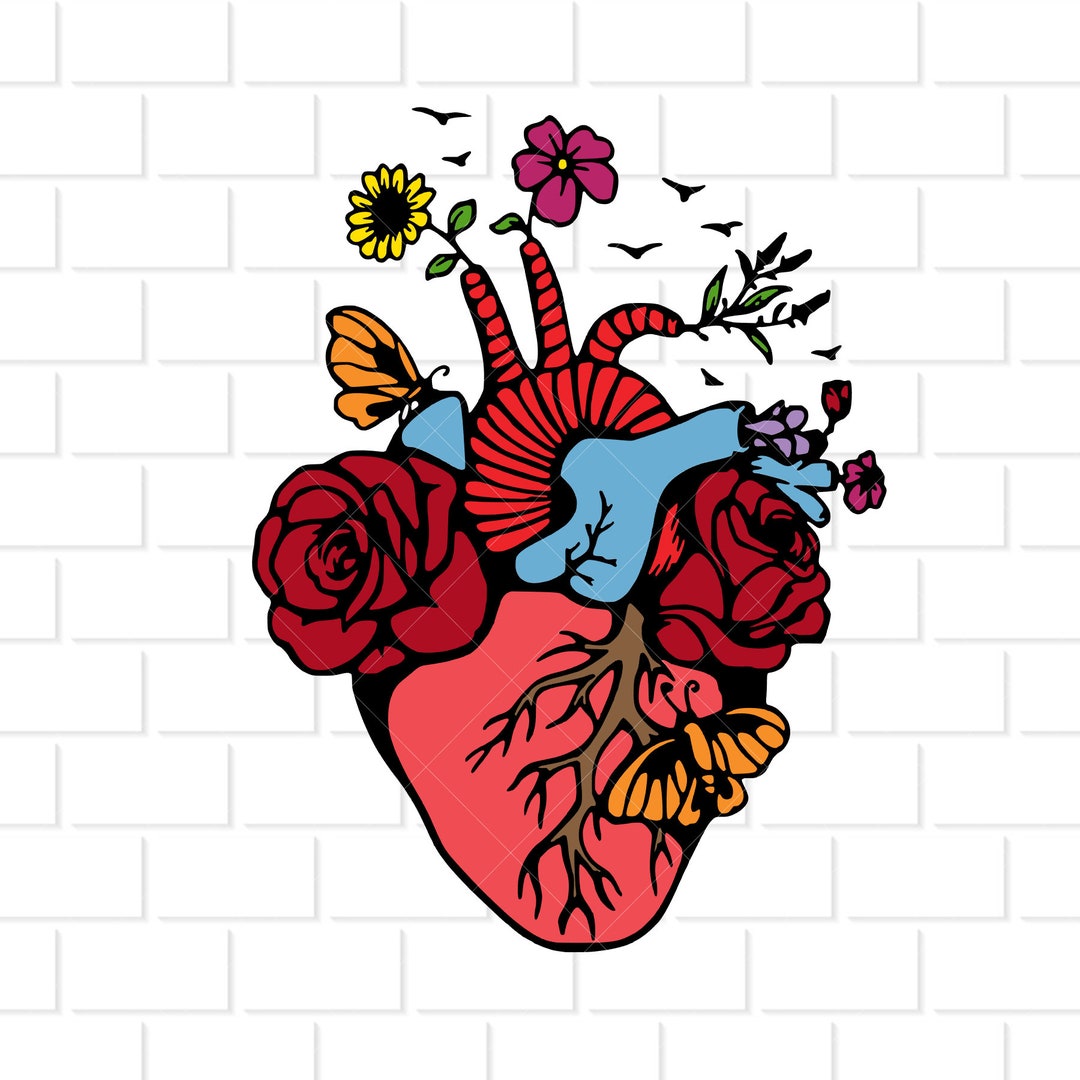 Anatomically Correct Heart With Flowers, Butterlies, and Birds Digital ...