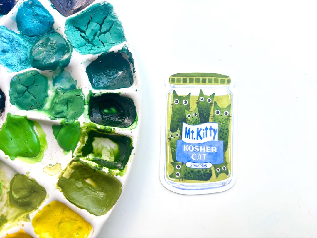 Kosher Cat Pickle Jar Vinyl Sticker – Funny Green Cat Art - Pickle Cat ...