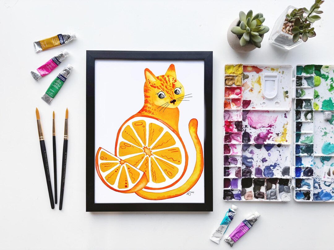 Orange Cat Citrus Watercolor Print Cat Kitchen Wall Art Orange Citrus ...