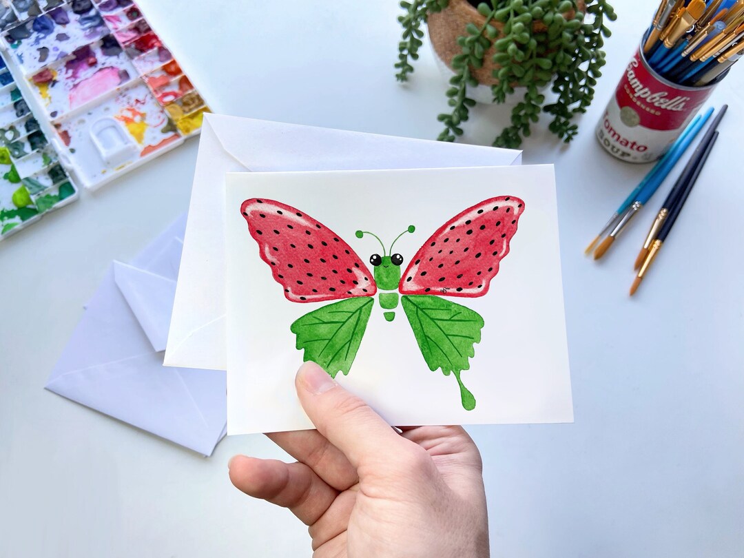 Strawberry Butterfly Watercolor Greeting Card – Fruit and Insect Note ...