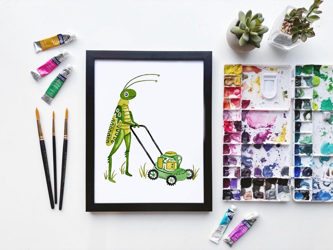 Grasshopper Print – Lawn Mower Bug Art, Father’s Day Gift, Cute Garden ...