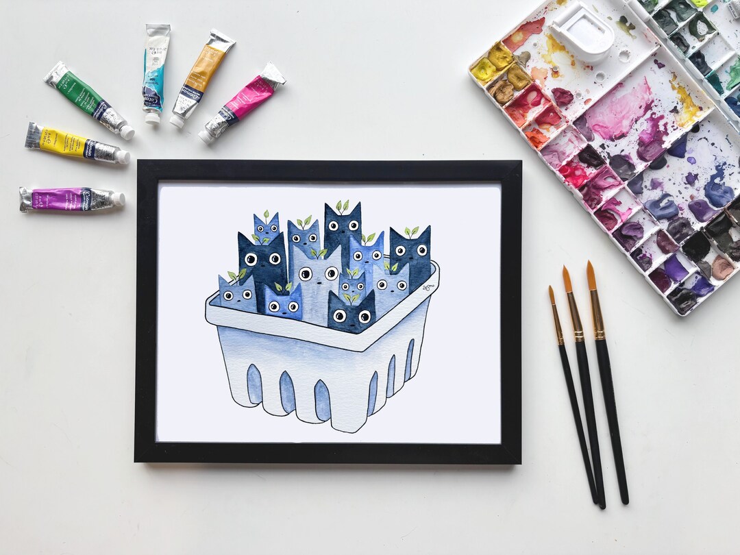 Blueberry Cats Watercolor Print | Carton of Blueberry Cats Wall Art ...