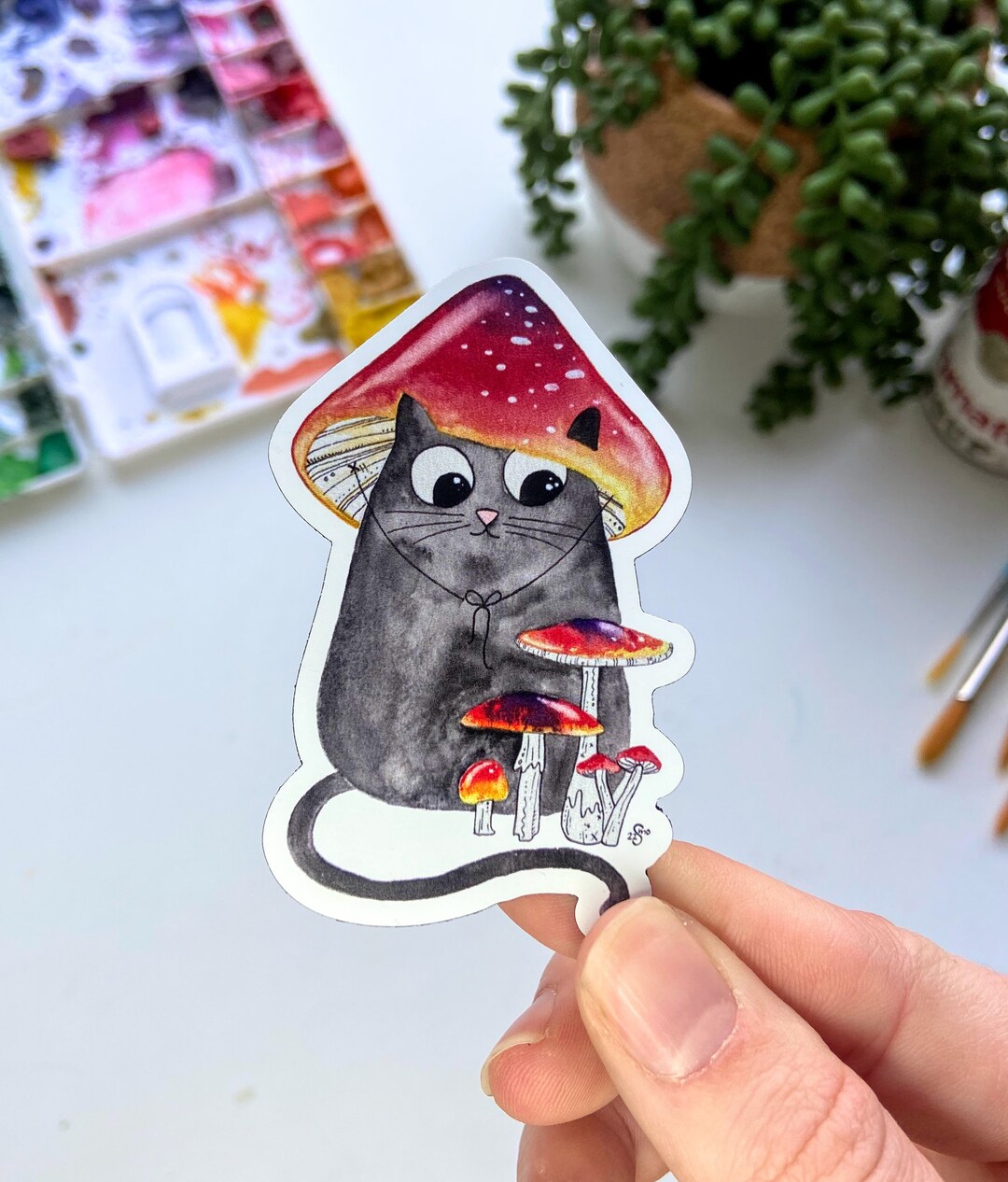 Black Cat & Red Mushroom Sticker: Black Cat Sticker, Cat Lover Gift ...