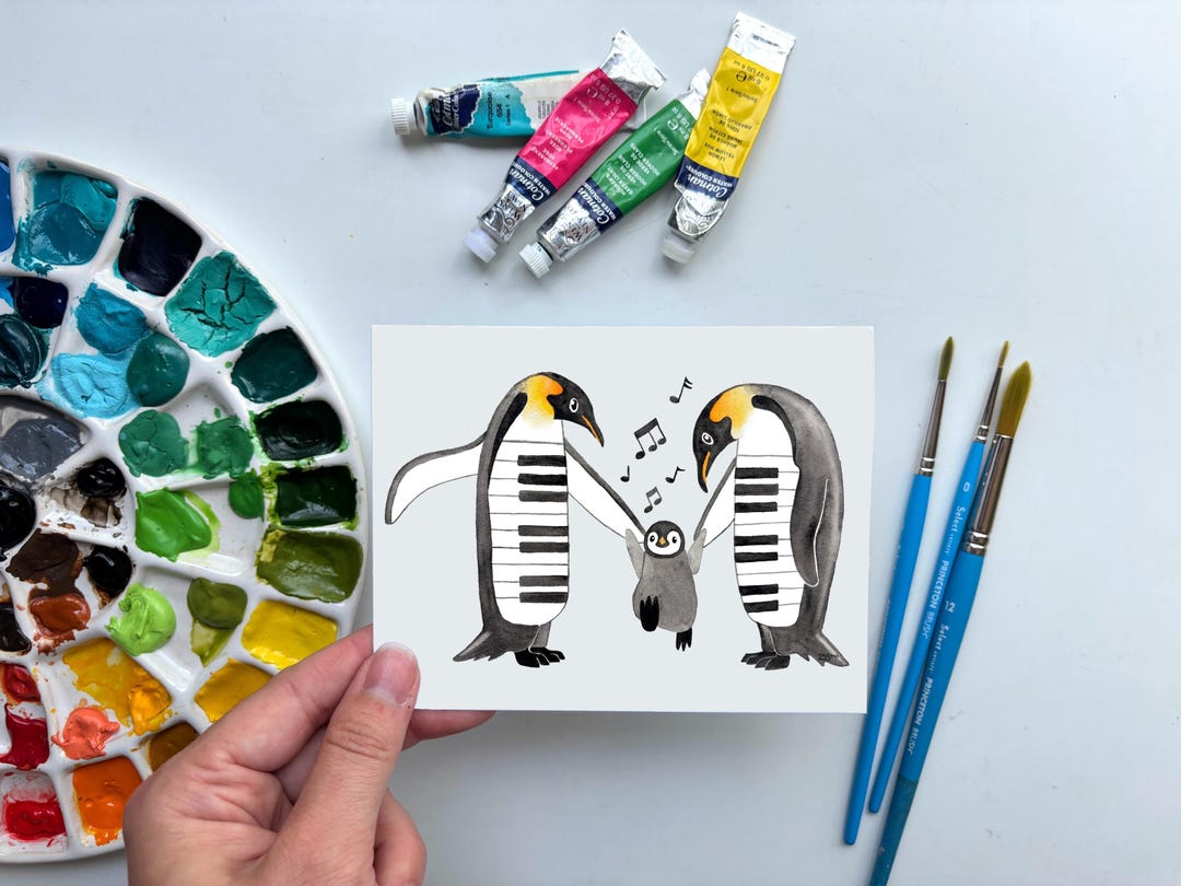 Penguin Piano Musicians Watercolor Greeting Card – Whimsical Music Duo ...