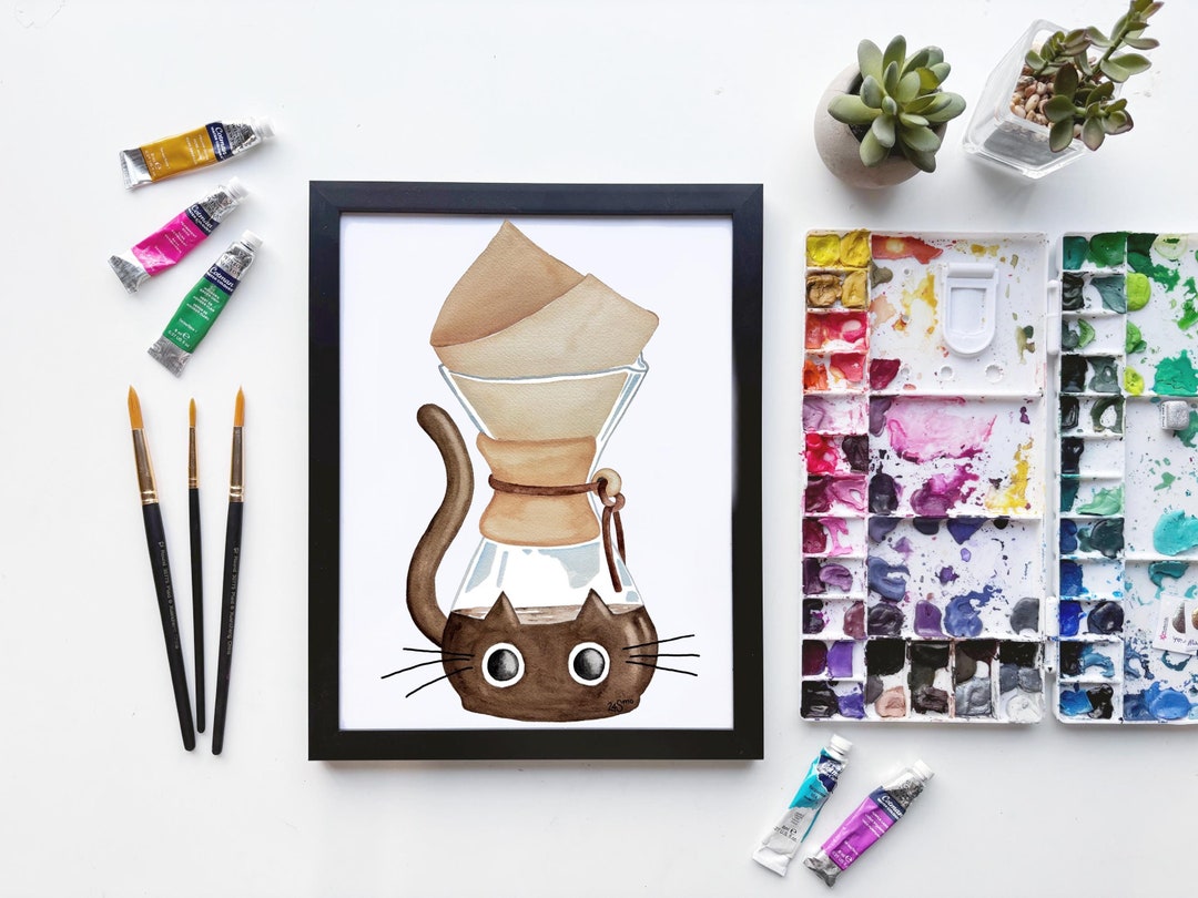 Coffee Cat Pour Over Chemex Watercolor Print | Cat Cafe Coffeeshop Wall ...