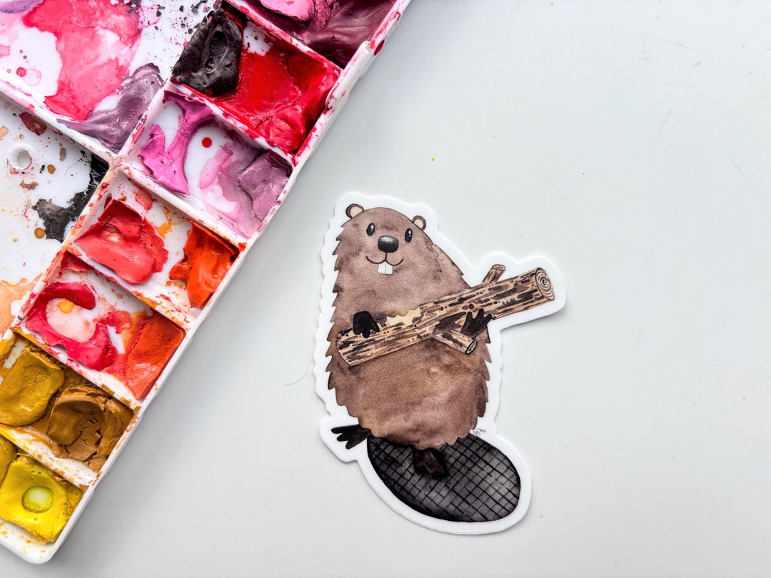 Beaver Watercolor Sticker | Cute Beaver Chomping on Log Art Sticker ...