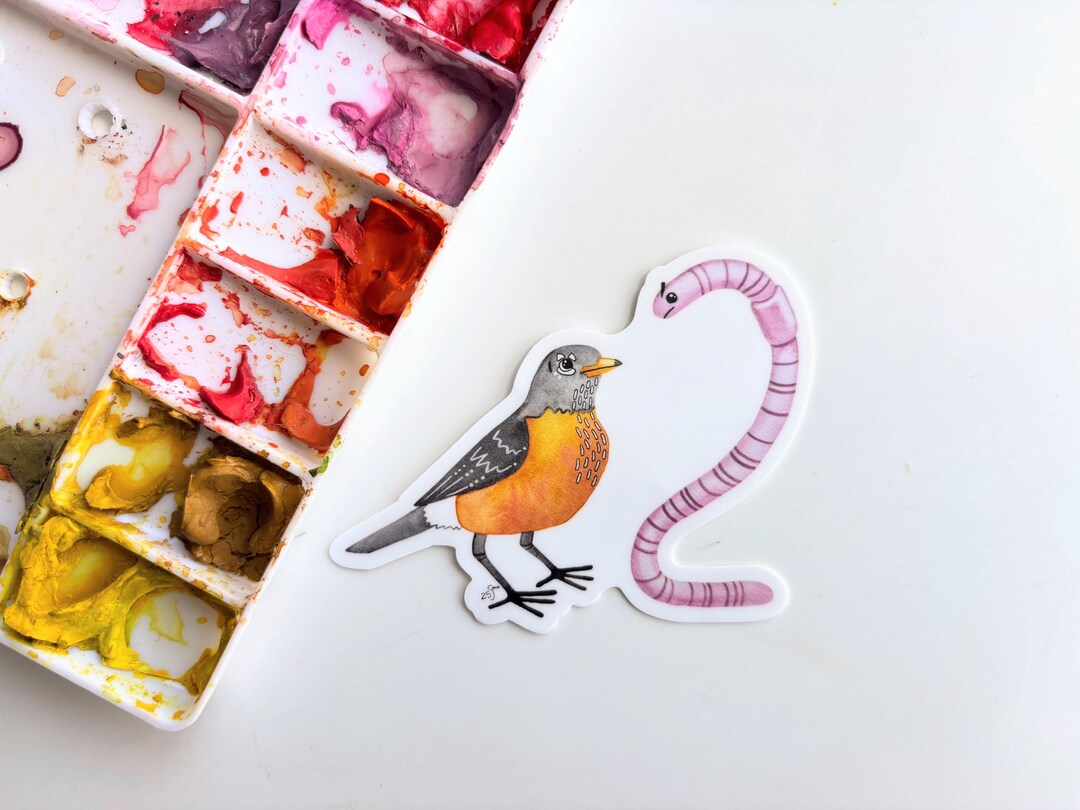Robin and Worm Watercolor Sticker | Funny Springtime Animals Art ...