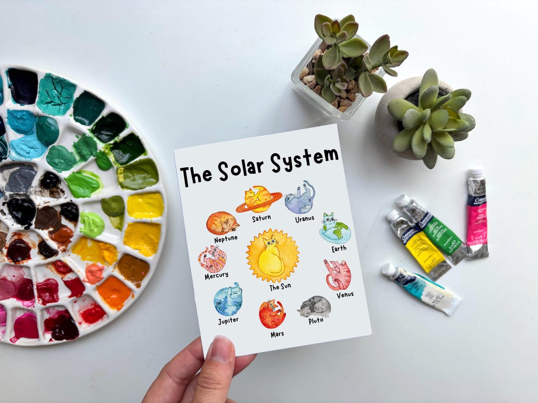 Cat Solar System Watercolor Greeting Card – Educational Space Cat Art ...