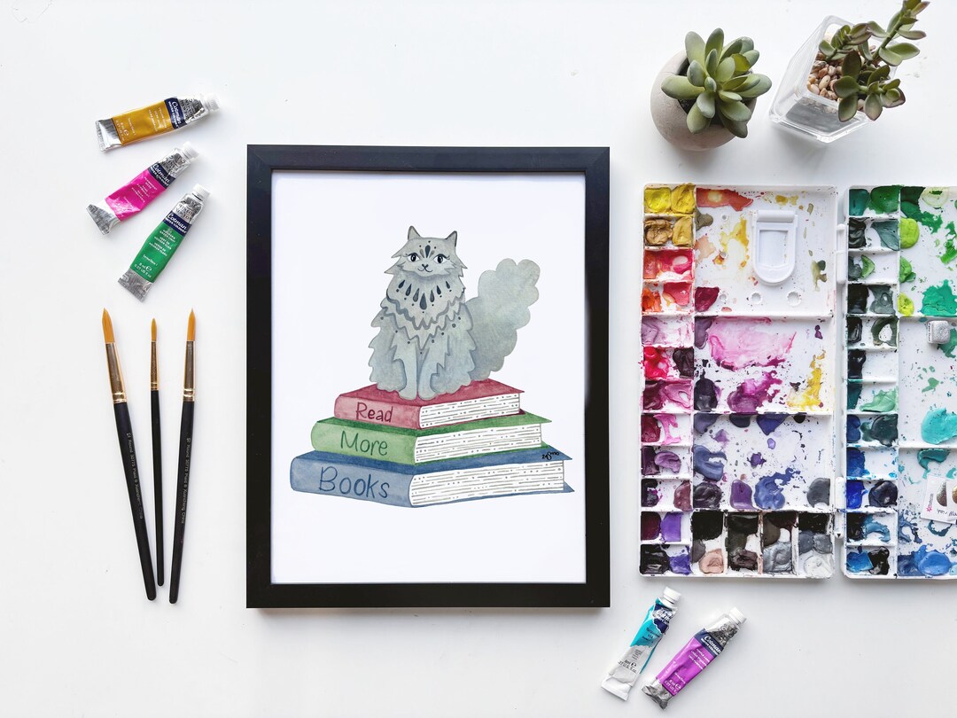 Reading Cat With Books Watercolor Print | Fluffy Gray Cat Perched on ...
