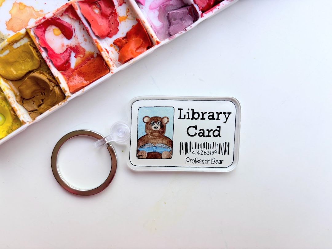 Library Card Reading Bear Keychain | Bear Keyring | Book Reading Art ...