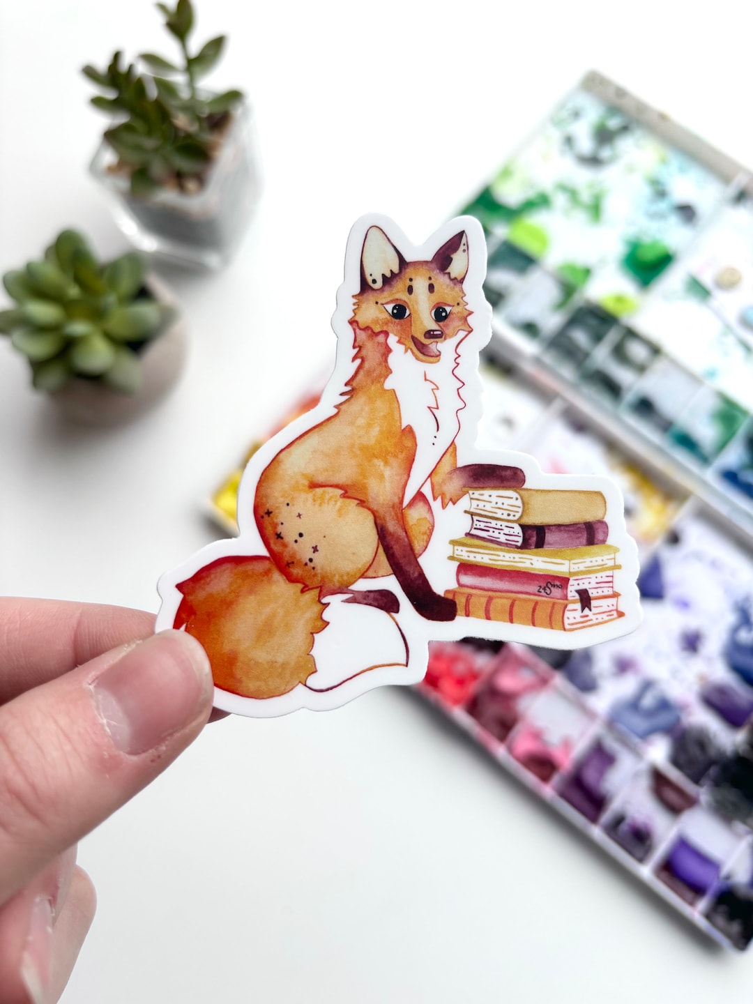 Reading Fox With Books Watercolor Sticker – Weatherproof Vinyl Cartoon ...