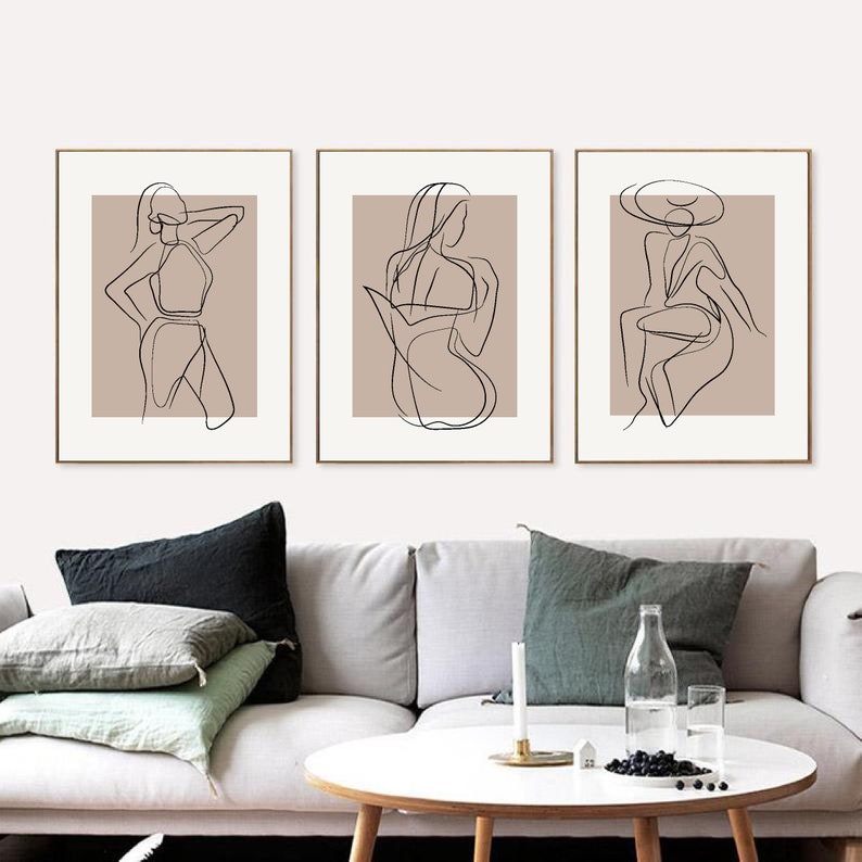 Set of Three Female Line Art Prints in Beige, Set of Three Line Art ...