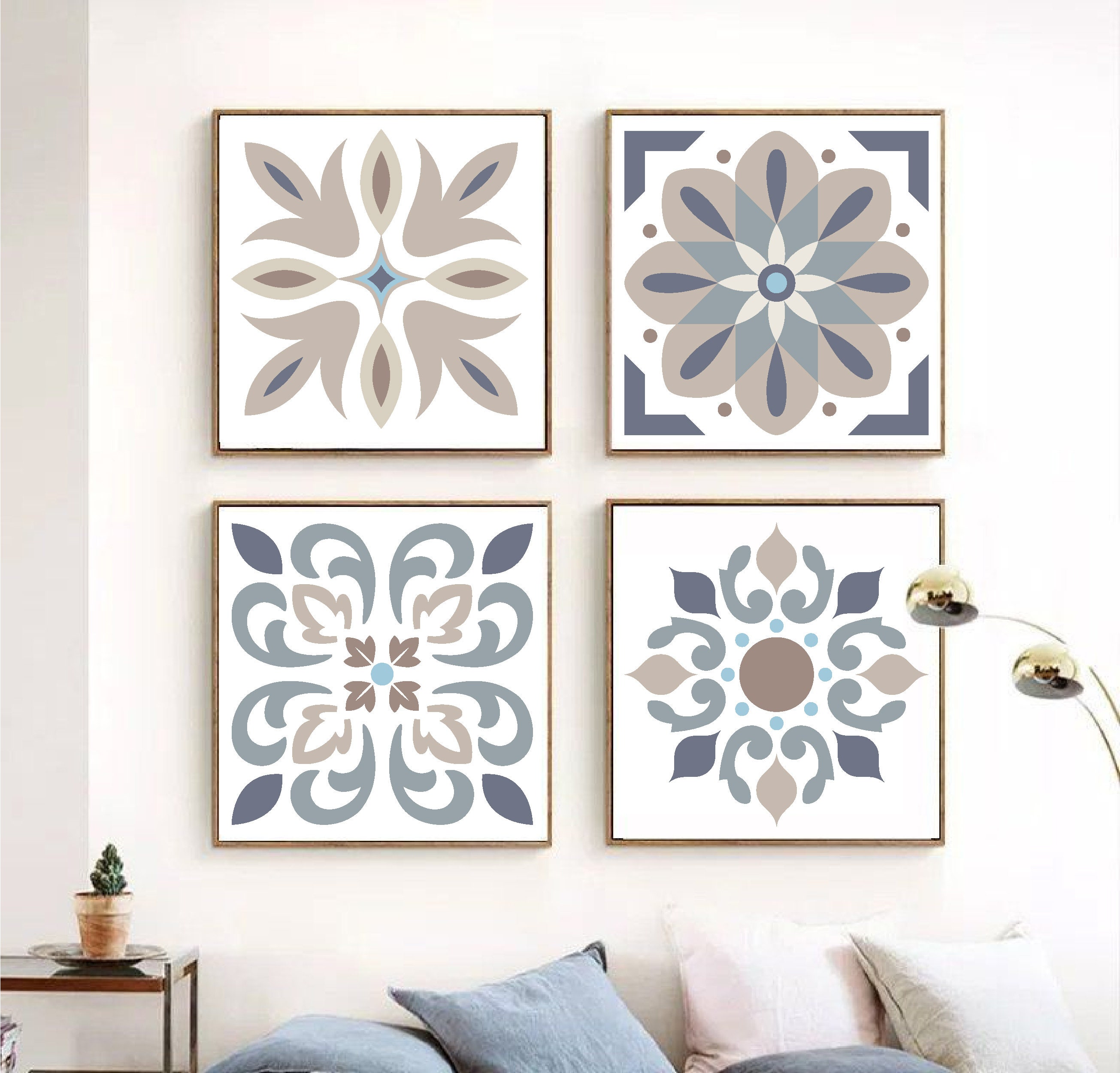 Spanish Tile Print Set in Gray and Beige Palette , Set of Four Square ...