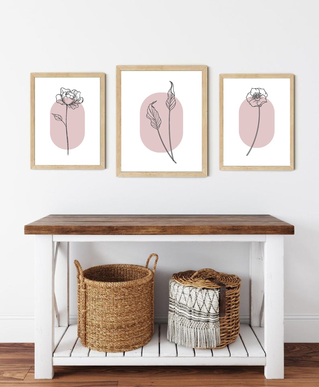 Set of Three Botanical Prints in Dusky Rose, Set of Blush Pink Prints ...