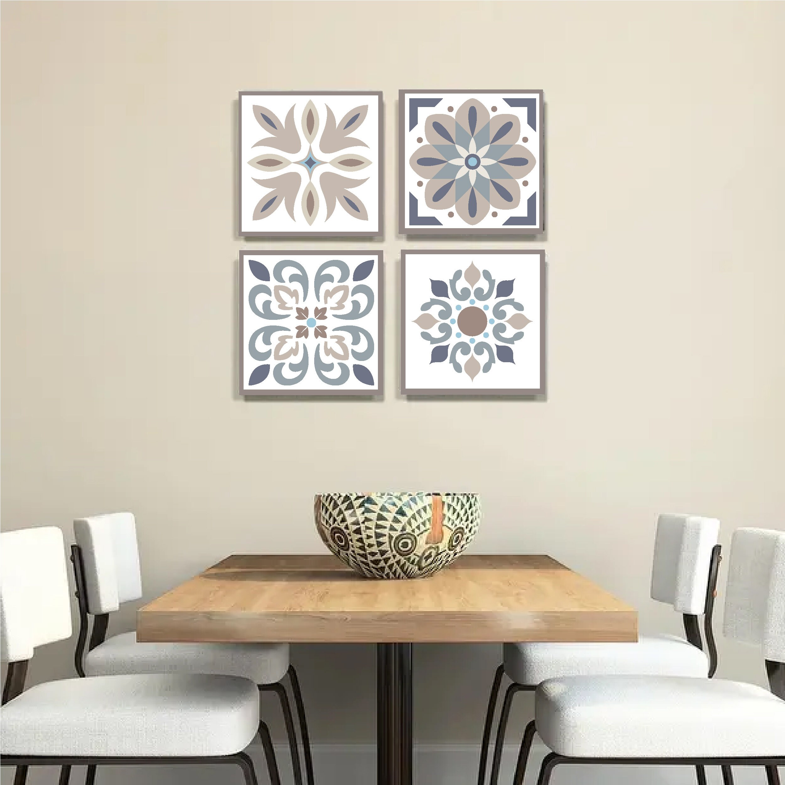 Spanish Tile Print Set in Gray and Beige Palette , Set of Four Square ...