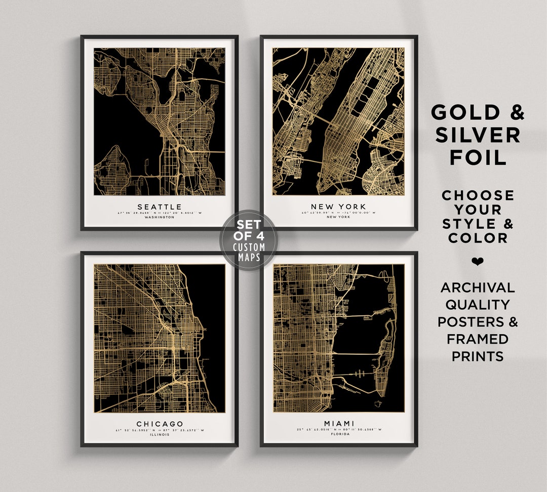 Personalized Set of 4 City Map Prints Home Town Poster Wall Art Sign ...