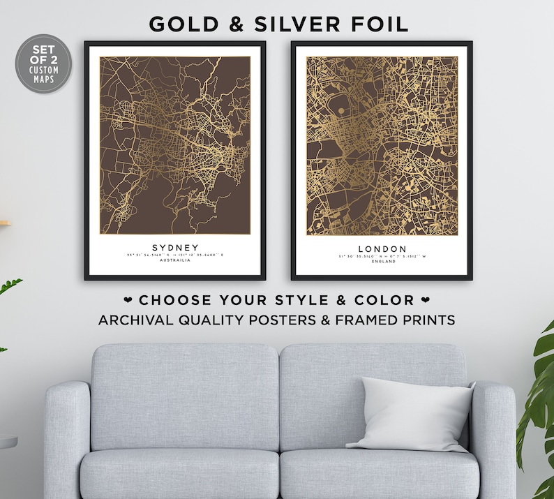 Personalized Set of 2 City Map Foil Prints Home Town Poster Wall Art ...