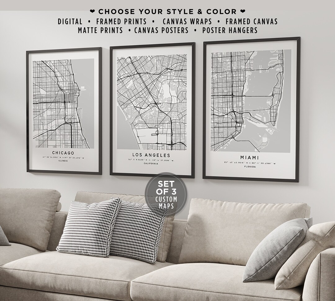 Personalized Set of 3 City Map Prints Home Town Poster Wall Art Sign ...