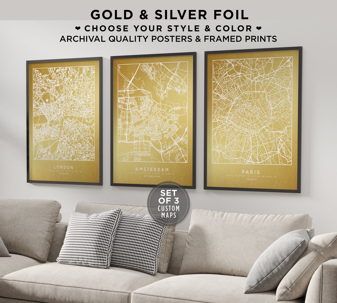 Personalized Set of 3 City Map Foil Prints Home Town Poster Wall Art ...