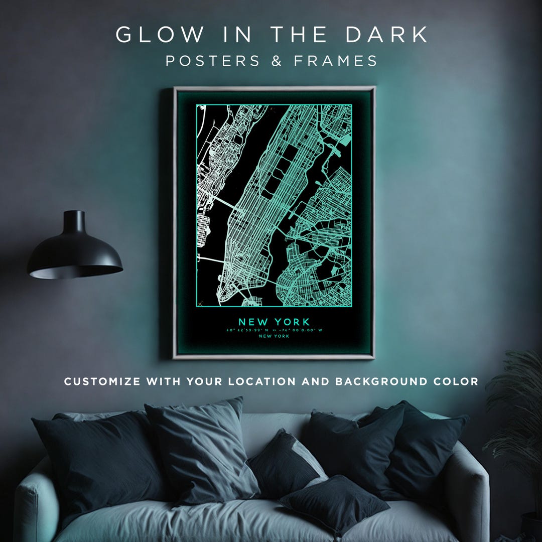 Personalized Glow in the Dark City Map Prints Home Town Poster Framed ...