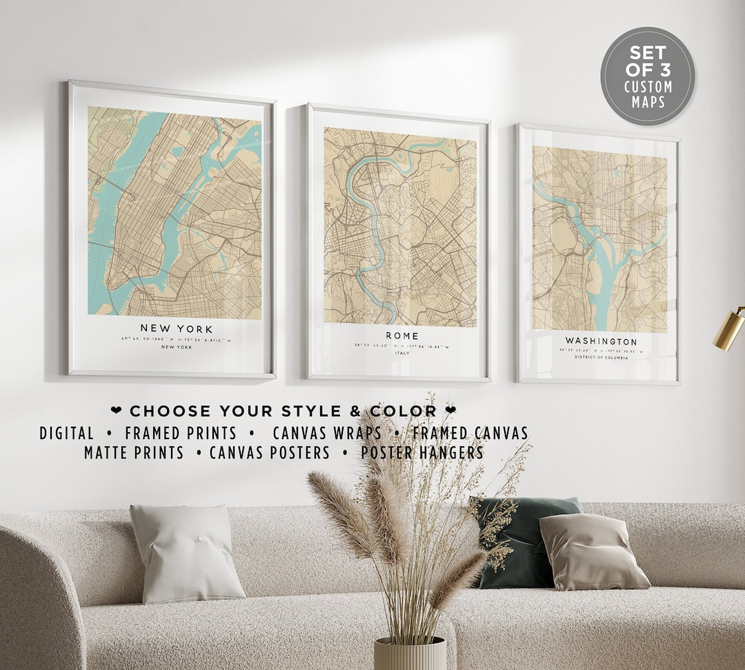 Custom City Map Prints, Set of 3, Framed Wall Art - Etsy