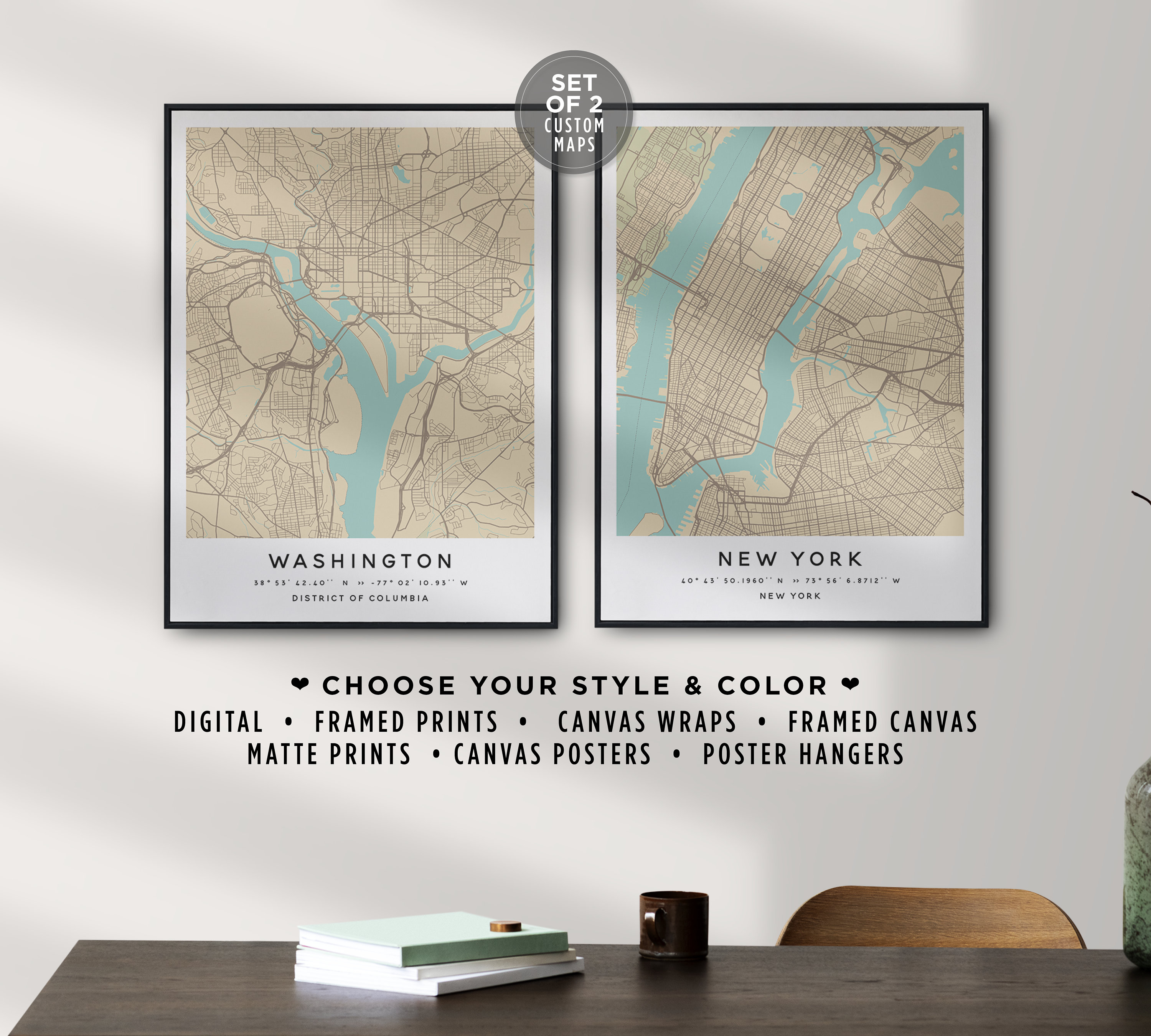 Personalized Set of 2 City Map Prints Home Town Poster Wall Art Sign ...