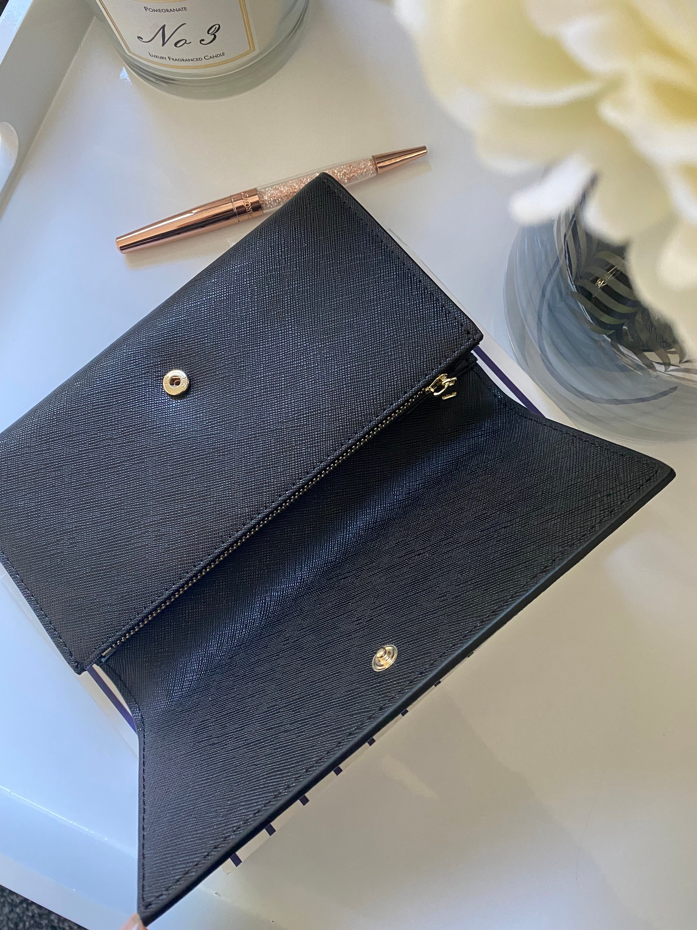 Personalised Leather Fold Over Purse - Genuine Black Saffiano Leather ...