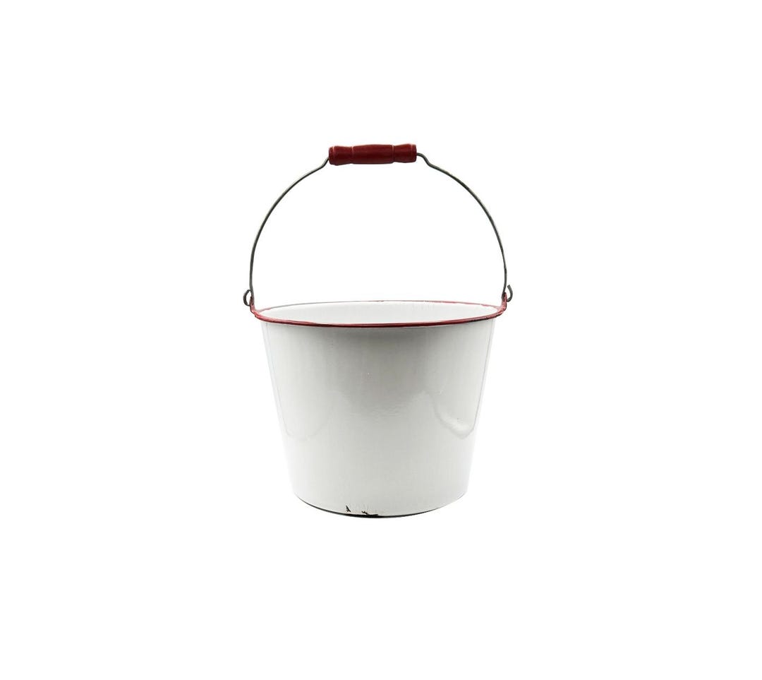 Vintage White Enamel Pail With Red Trim and Wooden Handle - Etsy
