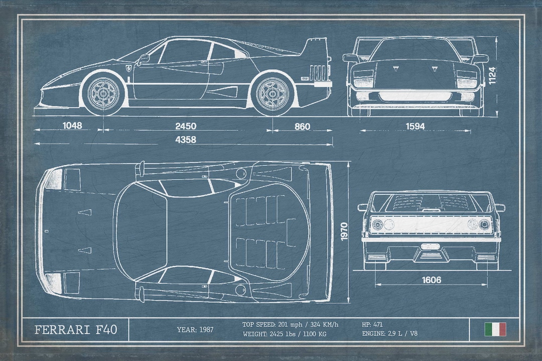 FERRARI F40 Construction Drawing, Art Work Blueprint, Blueprint Poster ...
