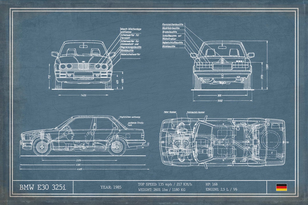 BMW E30 325i 1985 Construction Drawing, Art Work Blueprint, Blueprint ...