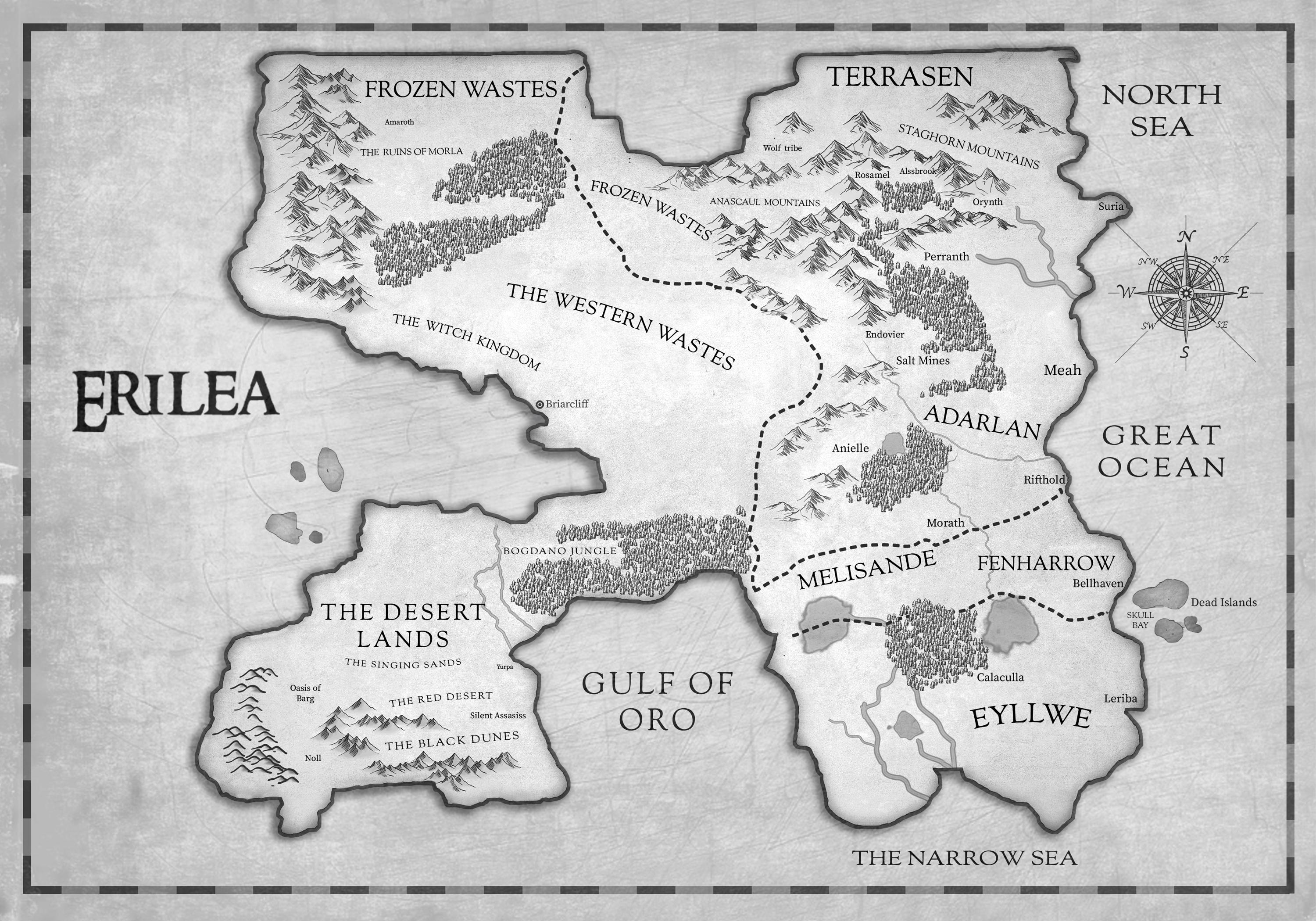 Erilea Map Black and White, Throne of Glass Erilea Map Vintage Style ...