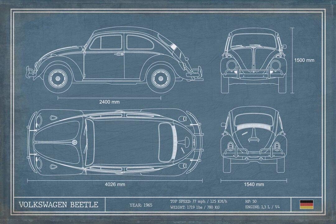 VOLKSWAGEN BEETLE 1965 Construction Drawing, Art Work Blueprint ...