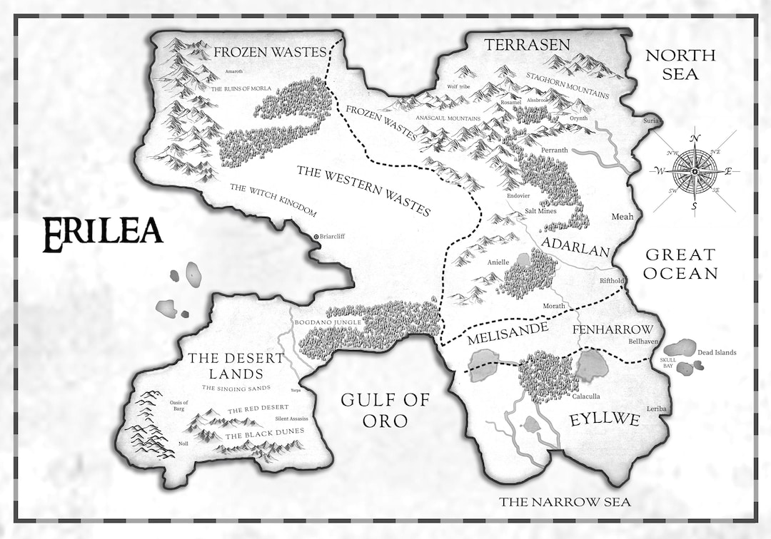 Erilea Map Black and White, Throne of Glass Erilea Map Vintage Style ...