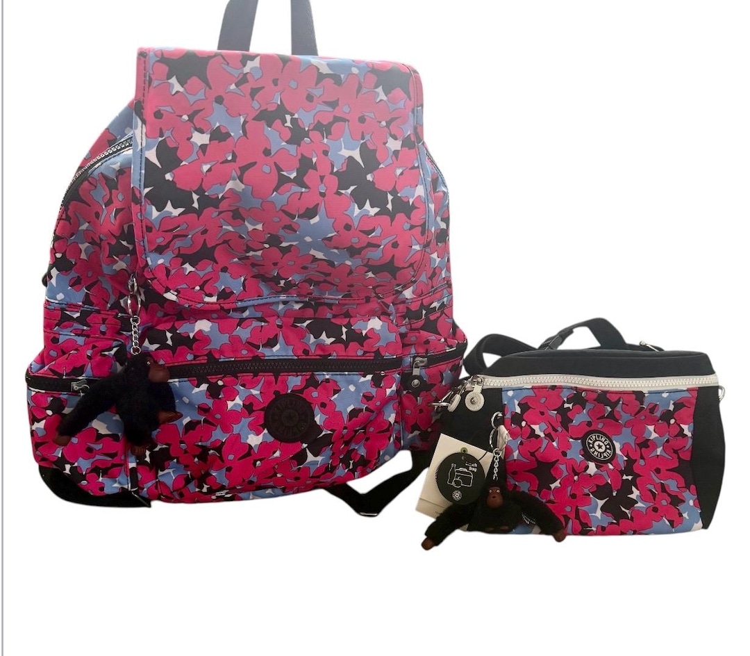 Kipling Ezra Spicy Floral Hot Pink Baby Blue Print Flap School Travel ...