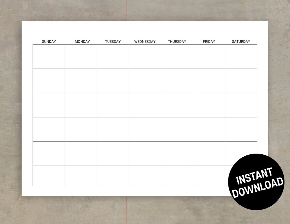 Blank Calendar Printable Page, Ready to Print Calendar, DIY Calendar ...