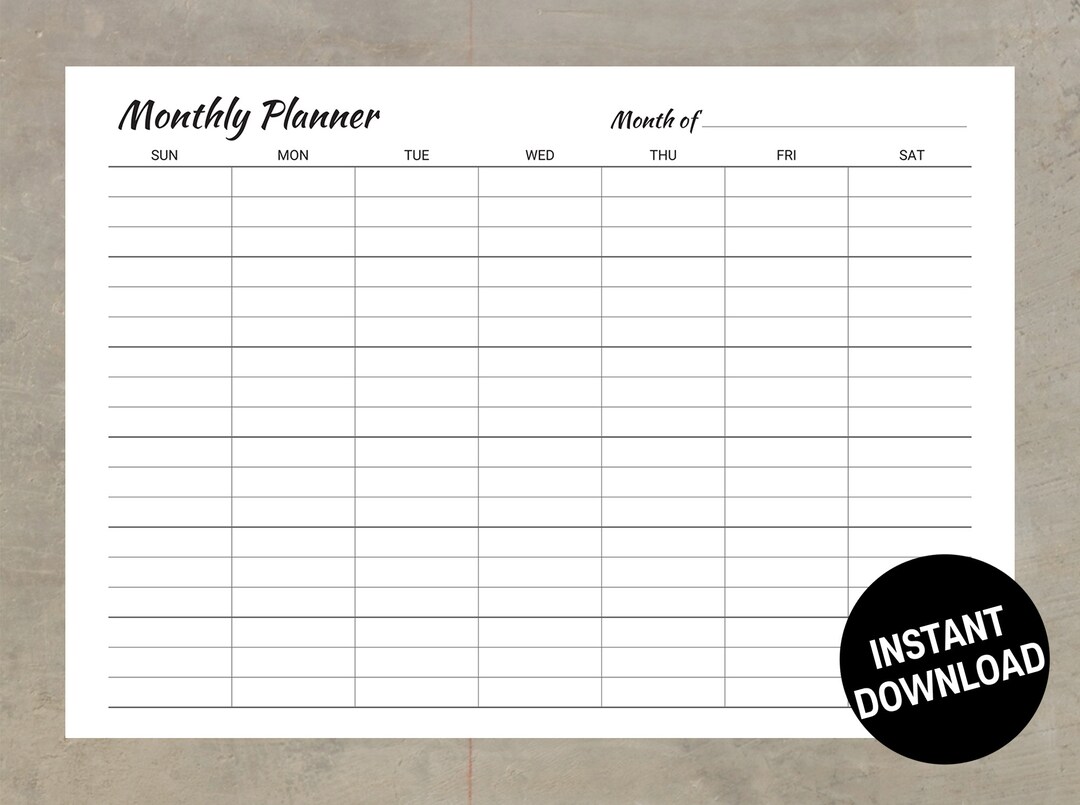 Blank Monthly Planner Printable Any Month Calendar Minimalist Monthly ...