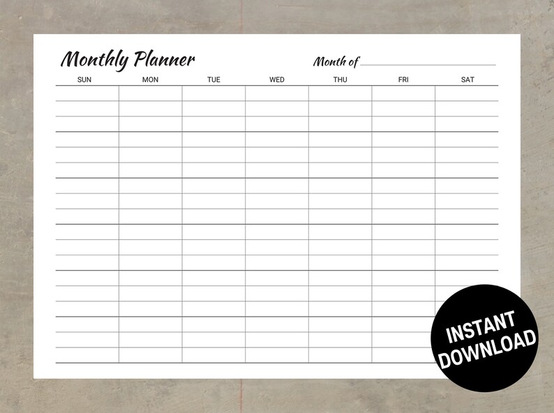 Blank Monthly Planner Printable Any Month Calendar Minimalist Monthly ...